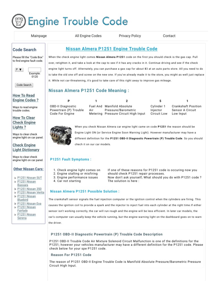 Nissan Almera P1251 Engine Trouble Code - Nissan Almera P1251 OBD-II ...