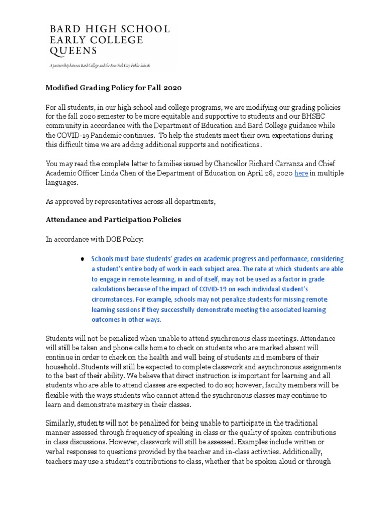 Bhsec Queens Grading Policy Modified For Remote Learning Fall 2020 ...