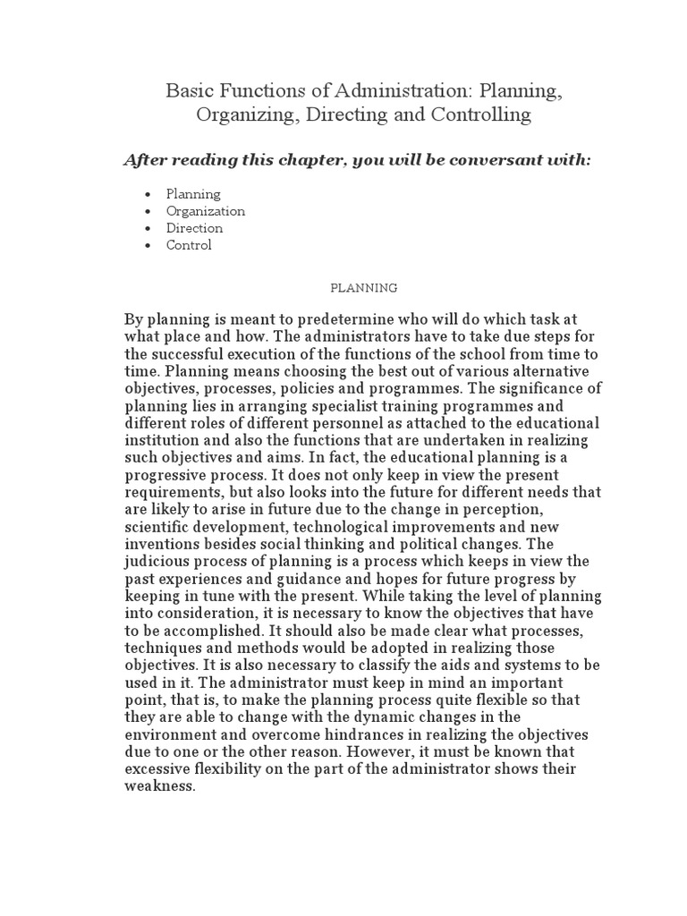 Basic Functions of Administration | PDF | Planning | Leadership