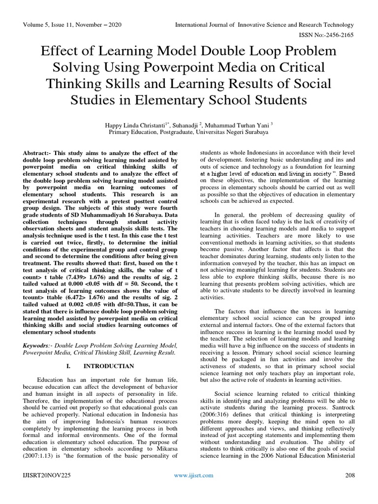 Effect Of Learning Model Double Loop Problem Solving Using Powerpoint Media On Critical Thinking 2170