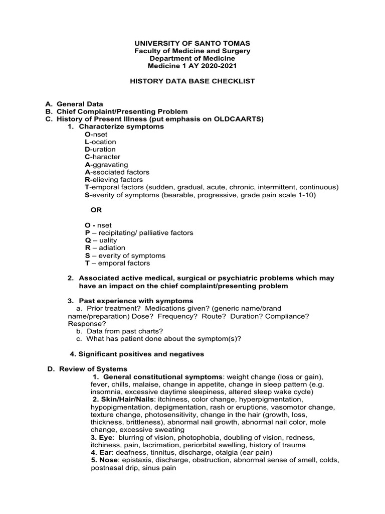 Medical History Data Checklist | PDF | Symptom | Family