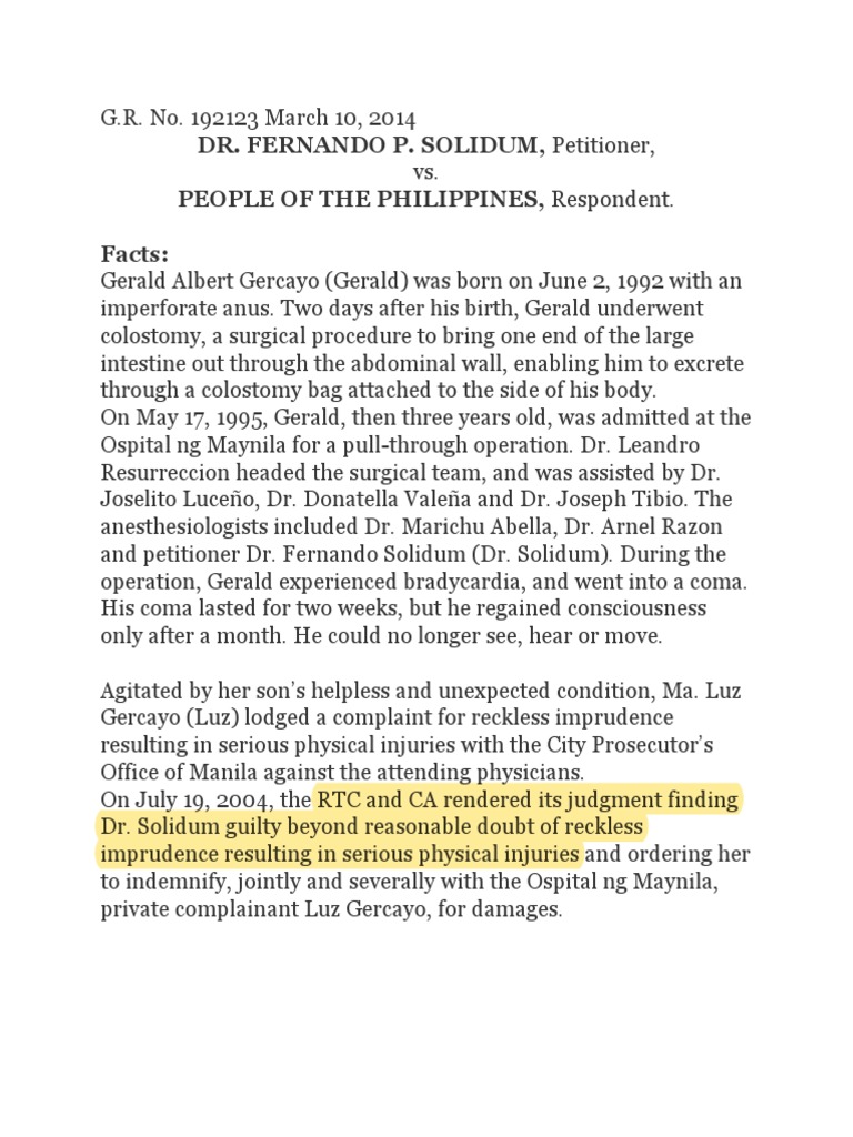 Dr. Solidum V People Digest | PDF | Legal Liability | Manila