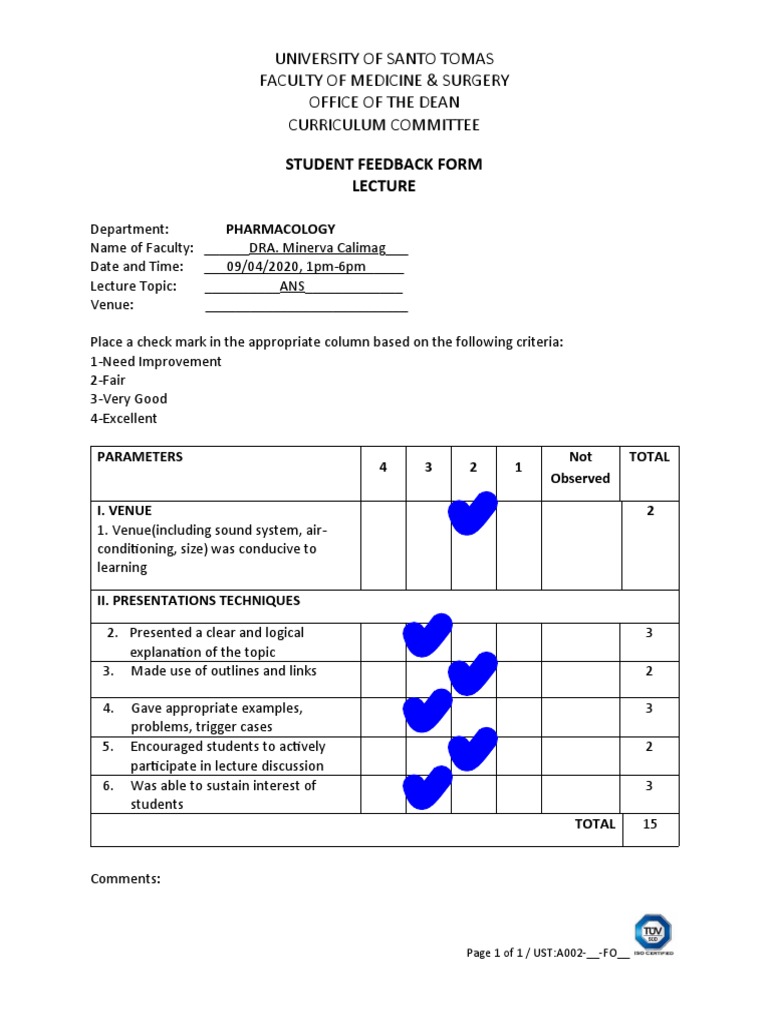 Student Feedback Form: University of Santo Tomas Faculty of Medicine & Surgery Office of The ...