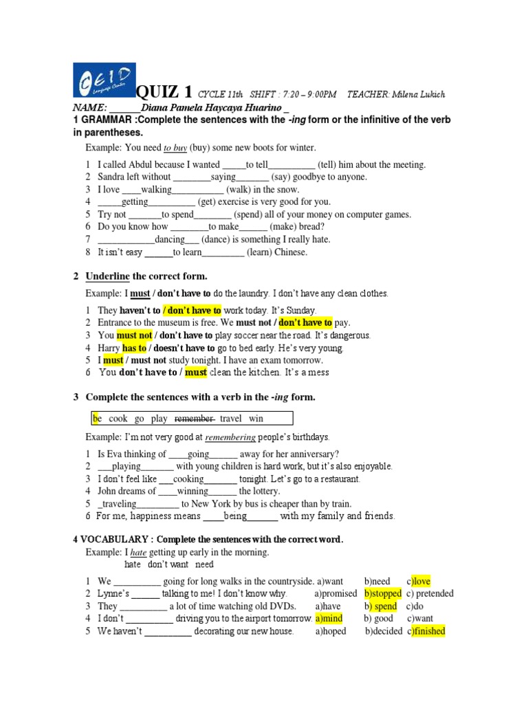 Grammar and Vocabulary Quiz 11th Cycle | PDF | Language Arts ...