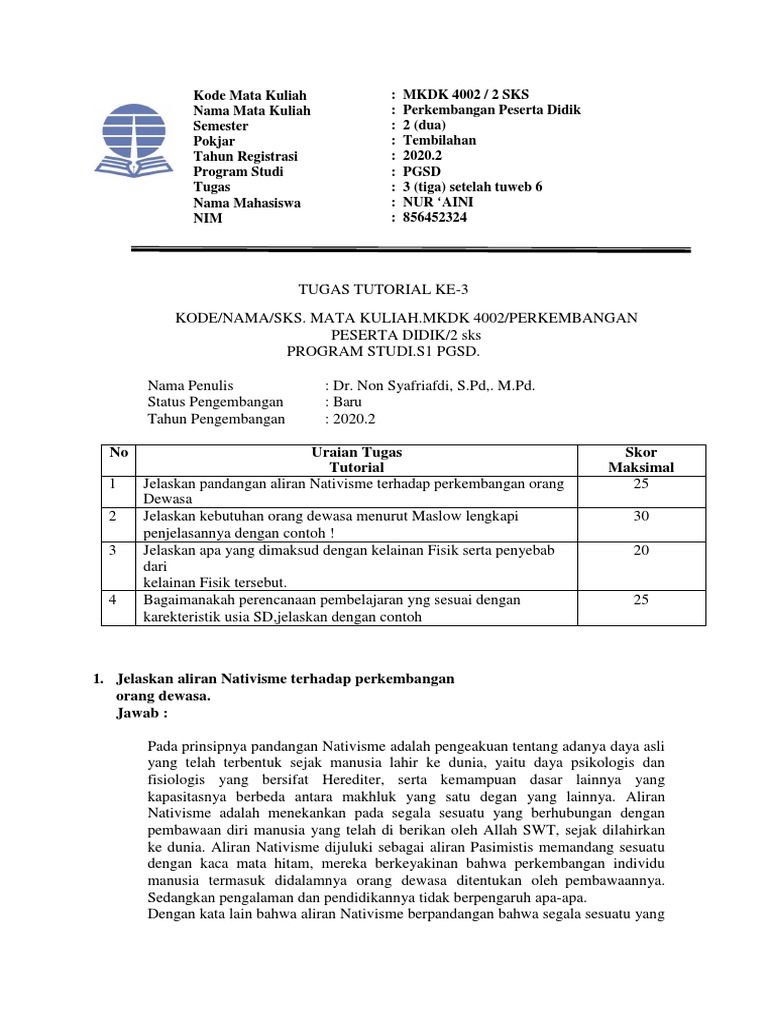 Nur'aini - Tugas 3 Setelah Tuweb 6 - Perkembangan Peserta Didik PDF | PDF