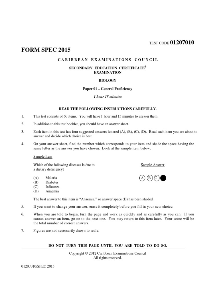 CSEC Biology June 2015 P1 Specimen Paper PDF | PDF