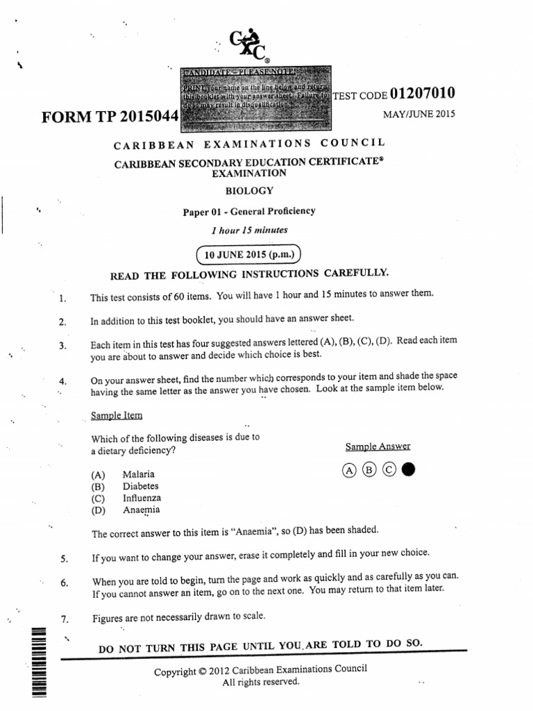 CSEC Biology June 2015 P1 PDF | PDF | Dominance (Genetics) | Zygosity
