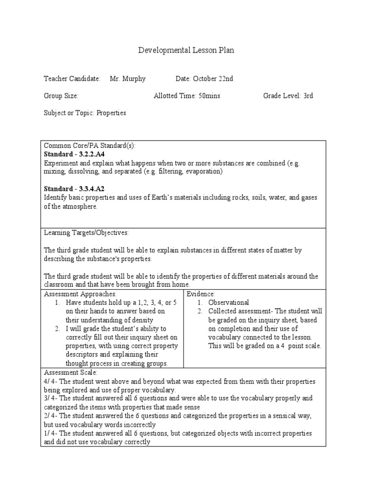 3rd Grade Properties Lesson Plan | PDF | Educational Assessment ...