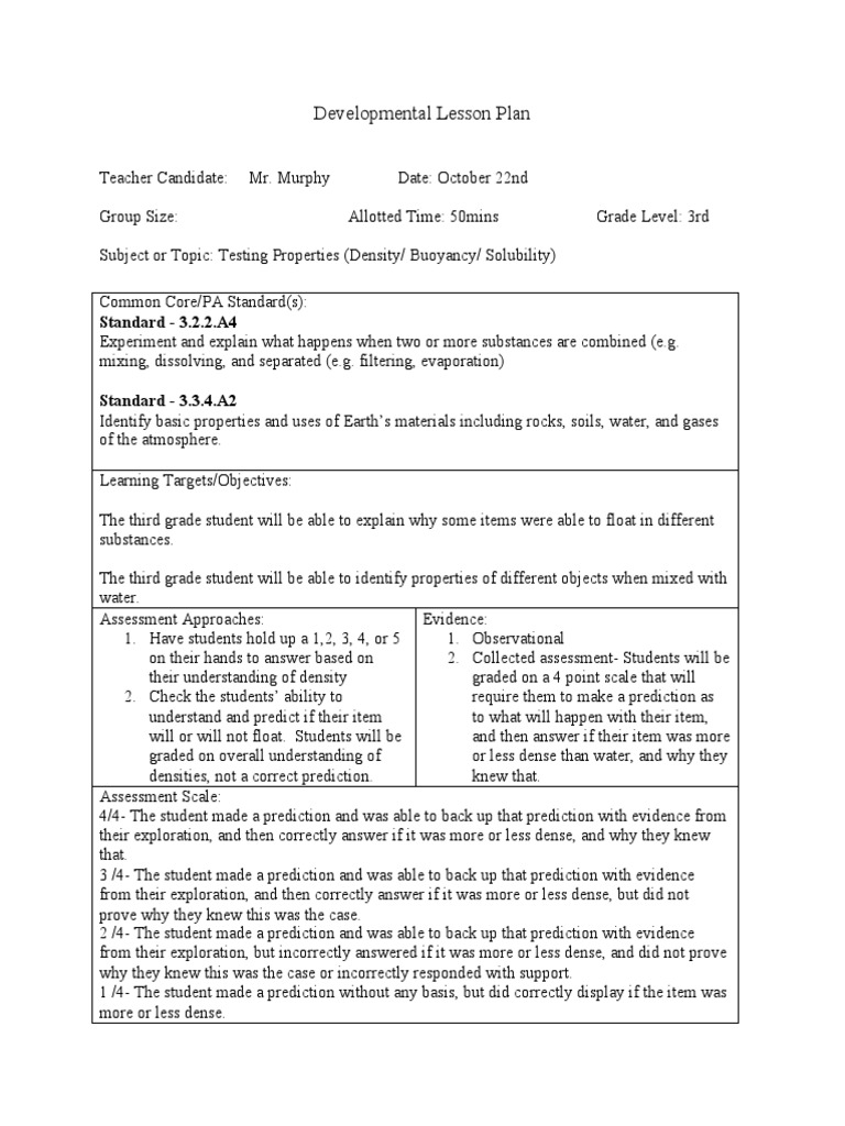Developmental Lesson Plan: Standard - 3.2.2.A4 | PDF | Buoyancy | Density