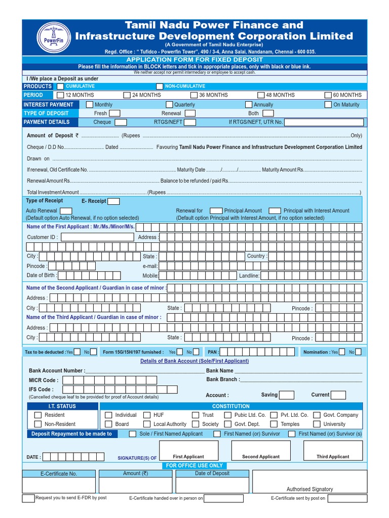 Application Form for Fixed Deposit with Tamil Nadu Power Finance and ...