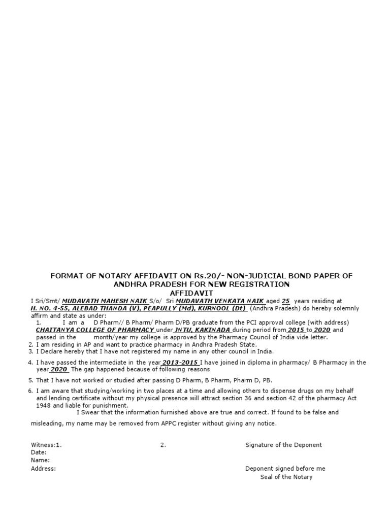 Format of Notary Affidavit On Rs.20/-Non-Judicial Bond Paper of Andhra ...