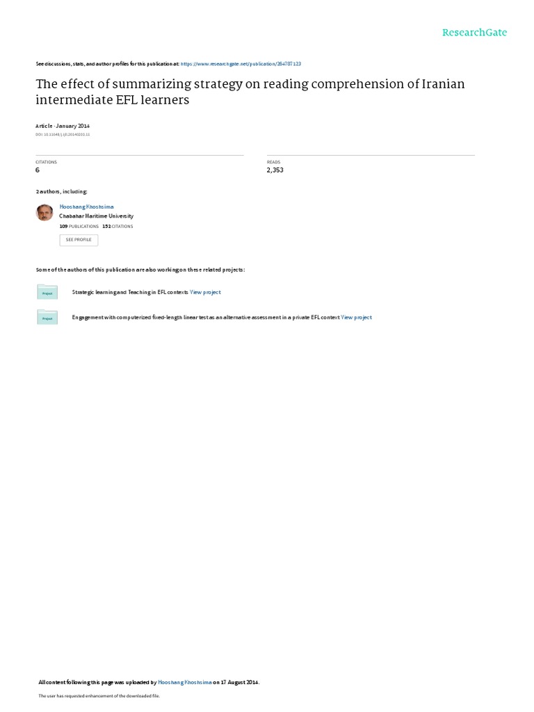 The Effect Of Summarizing Strategy On Reading Comprehension Of Iranian Intermediate Efl Learners