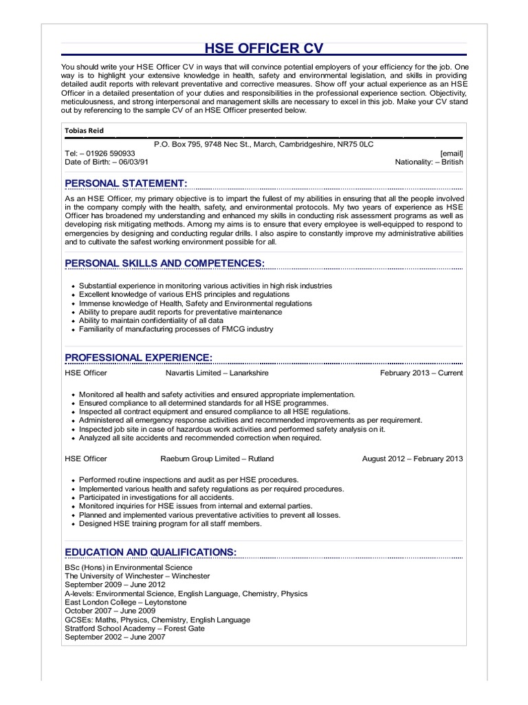 Hse Officer CV: Personal Statement | PDF | Occupational Safety And ...