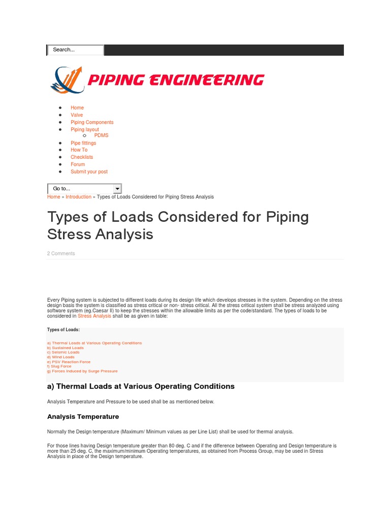Types of Loads Considered For Piping Stress Analysis: Search.. | PDF ...