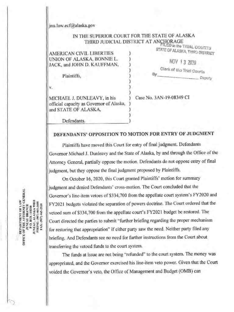 Defendants' Opposition To Motion For Entry of Judgment | PDF | Veto ...