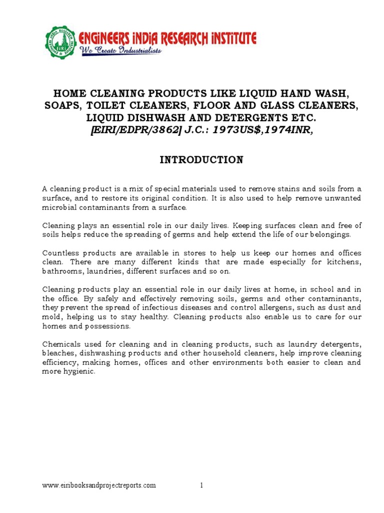 Project Report On Home Cleaning Products Like Liquid Hand Wash, Soaps ...