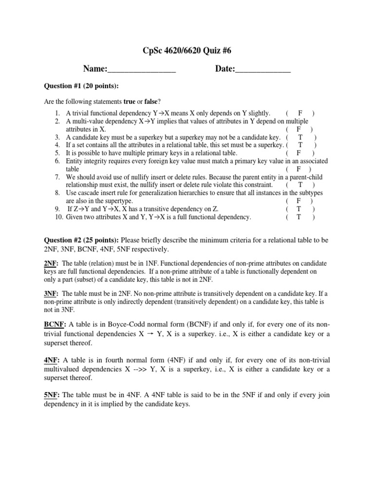 CPSC 4620/6620 Quiz #6 Name: - Date | PDF | Databases | Data Model