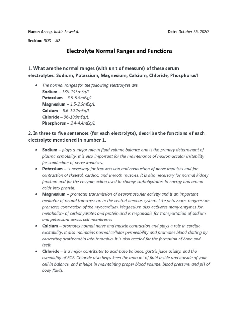 Electrolyte Normal Ranges and Functions | PDF | Electrolyte | Muscle ...