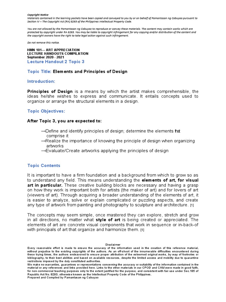Lecture Handout 2 Topic 3 Topic Title:: Elements and Principles of Design | PDF | Composition ...