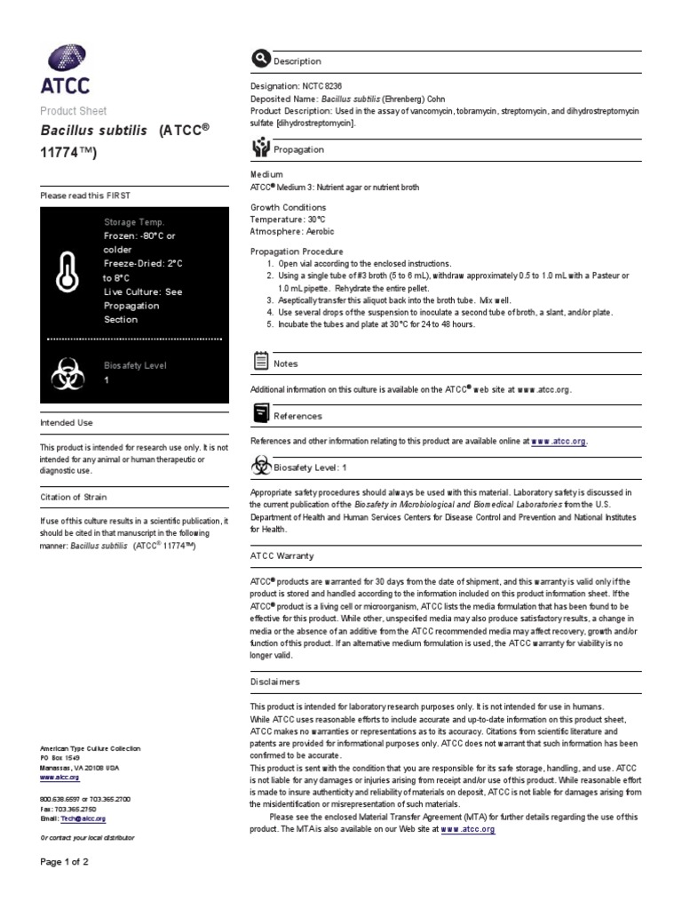 Bacillus Subtilis (ATCC: Product Sheet | PDF | Atcc (Company ...