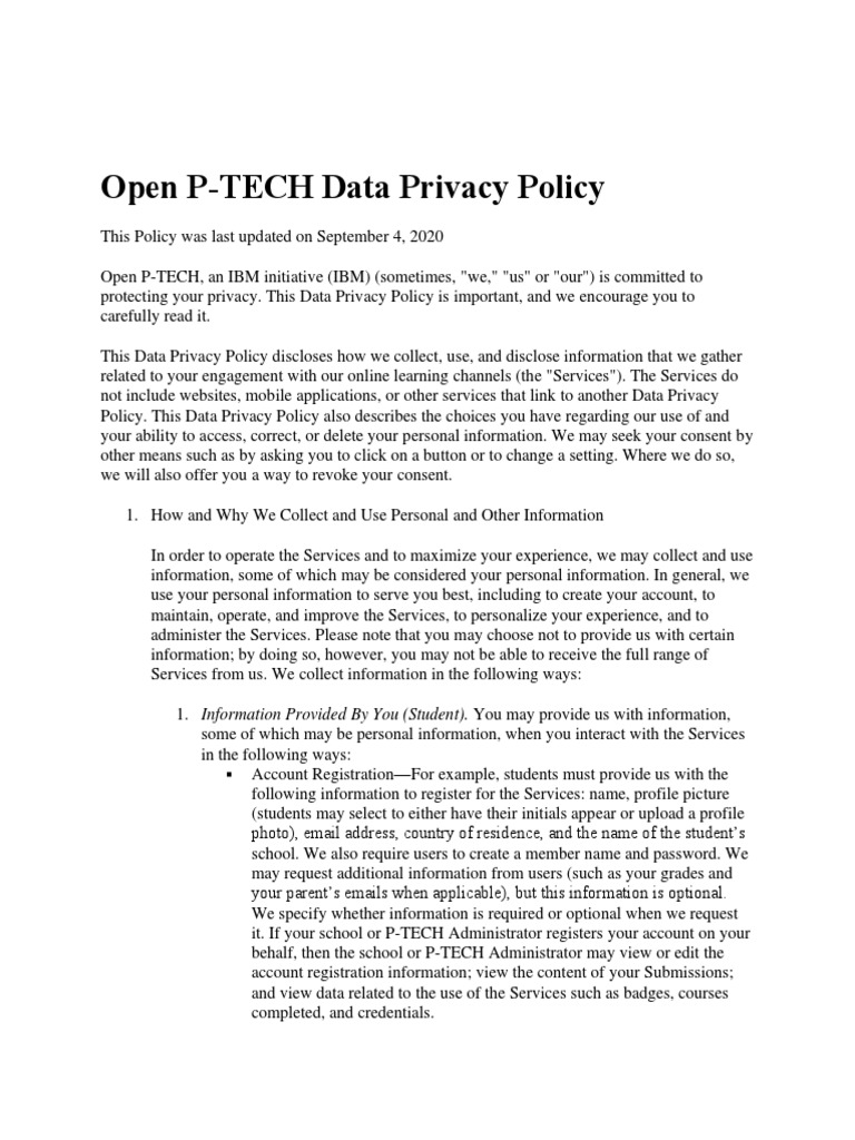Open P-TECH Data Privacy Policy | PDF