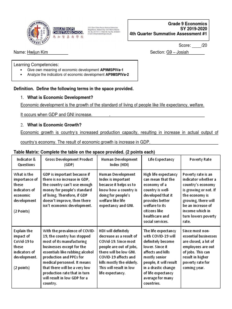 Grade 9 Economics SY 2019-2020 4th Quarter Summative Assessment #1 ...