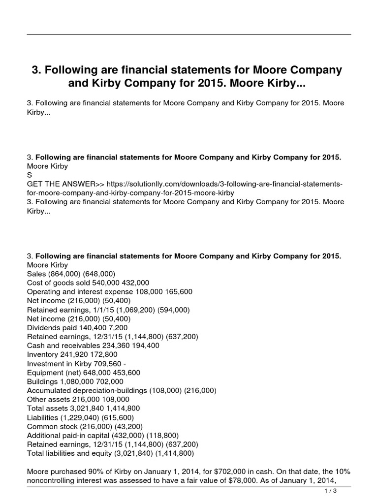3 Following Are Financial Statements For Moore Company and Kirby ...