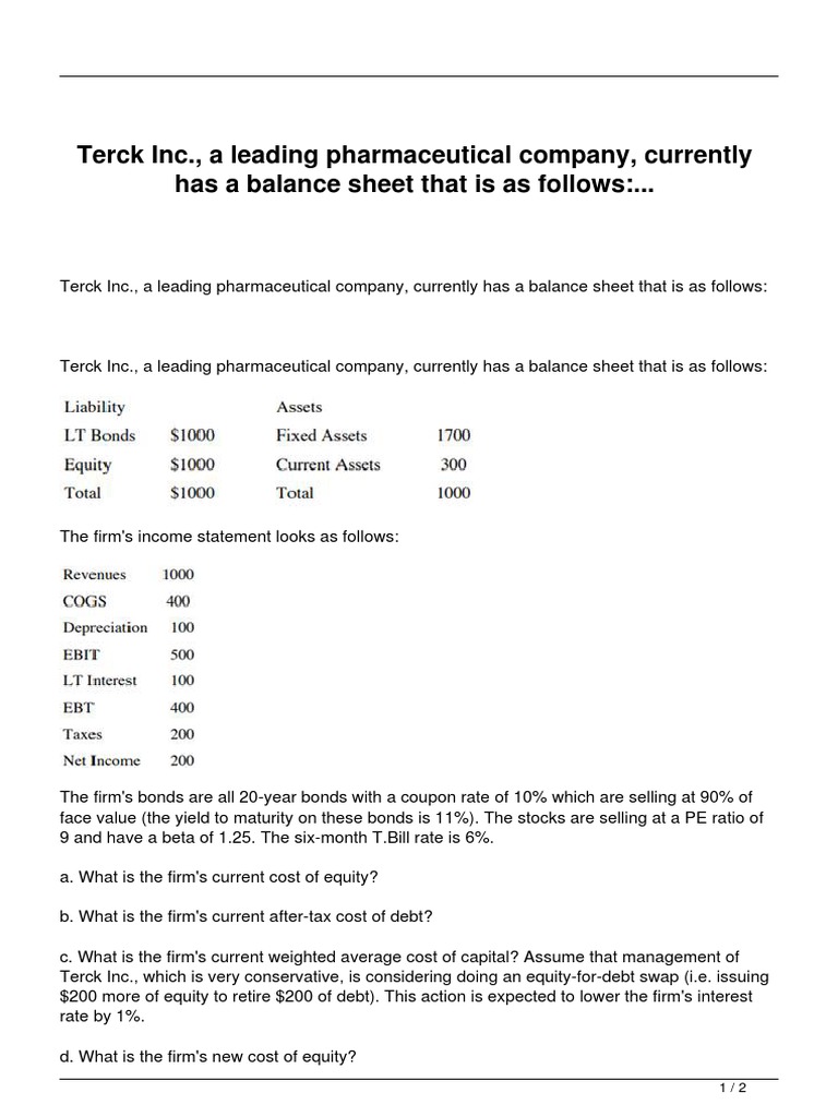 Terck Inc A Leading Pharmaceutical Company Currently Has A Balance ...