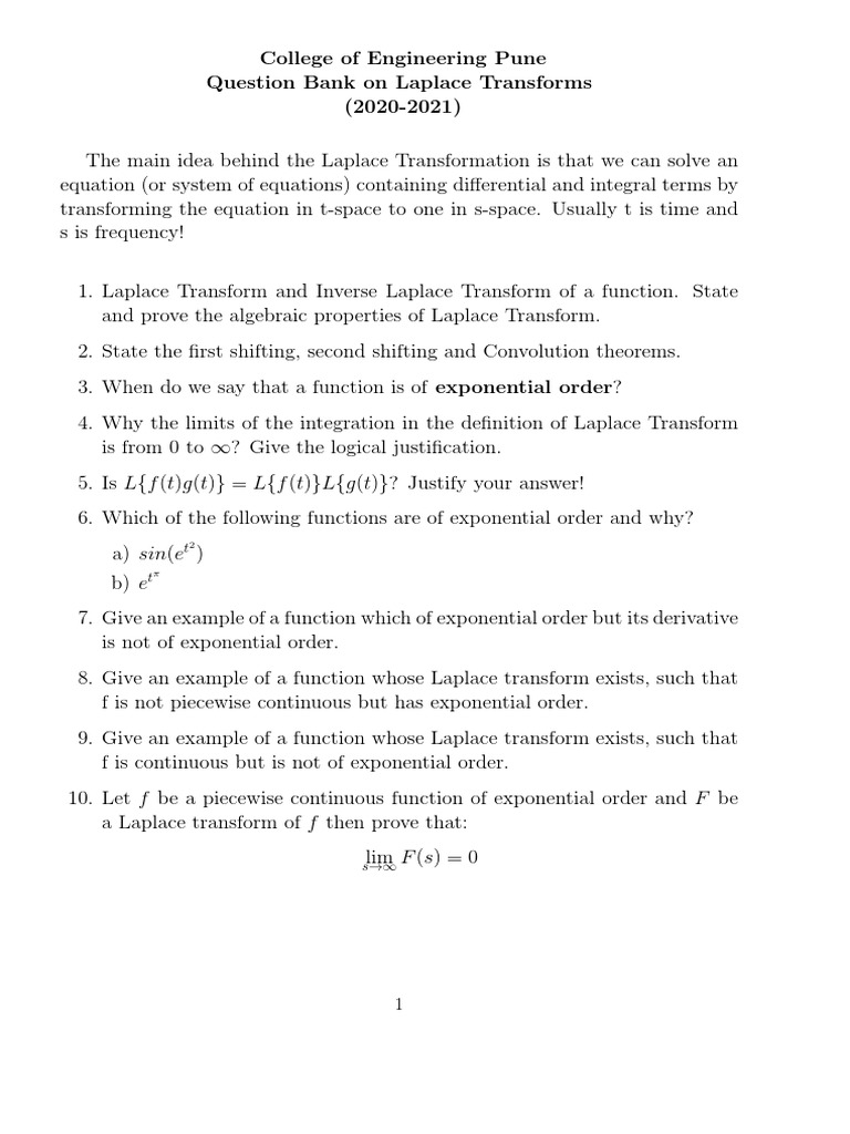 Question Bank On Laplace Transforms | PDF | Laplace Transform ...