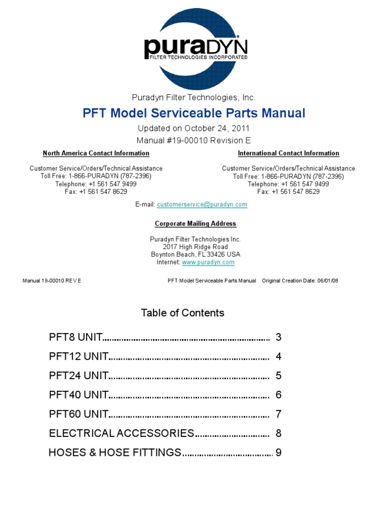 Puradyn PFT Model Parts Manual | PDF | Vacuum Tube | Switch