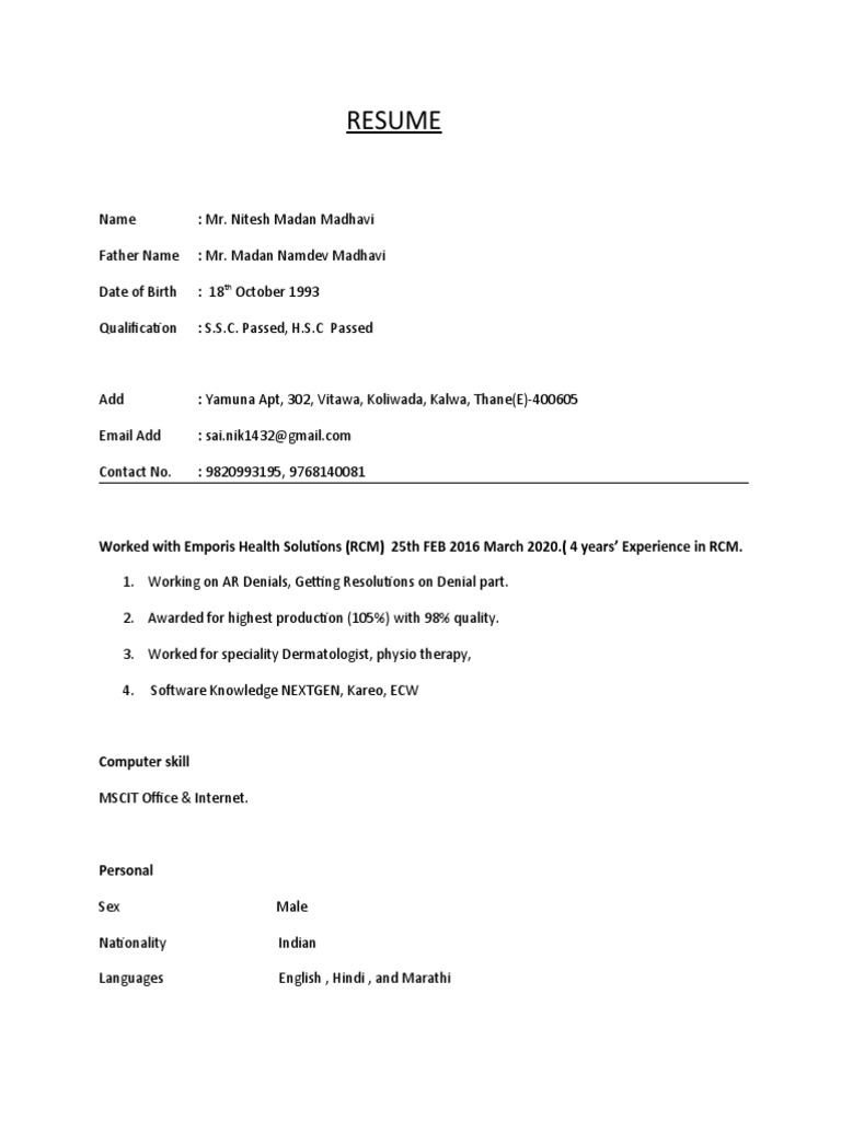 Resume: Worked With Emporis Health Solutions (RCM) 25th FEB 2016 March ...