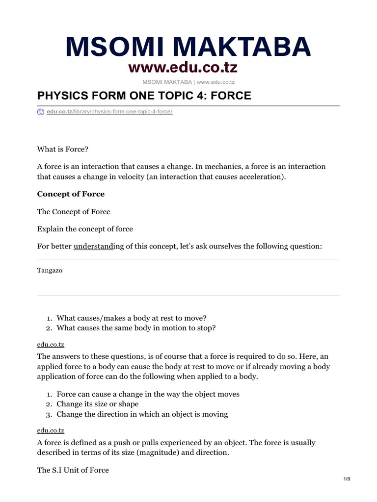 Physics Form One Topic 4: Force | Download Free PDF | Gravity ...