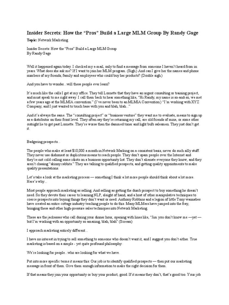 Insider Secrets: How The "Pros" Build A Large MLM Group by Randy Gage ...