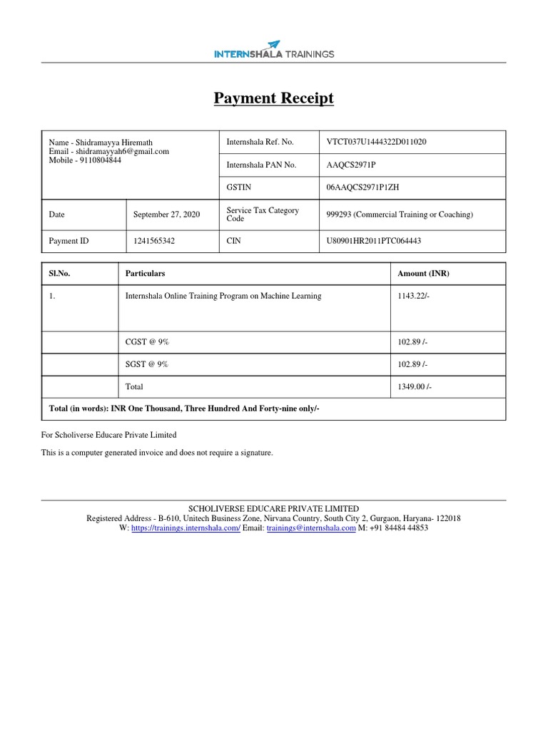 Payment Receipt: SL - No. Particulars Amount (INR) | PDF