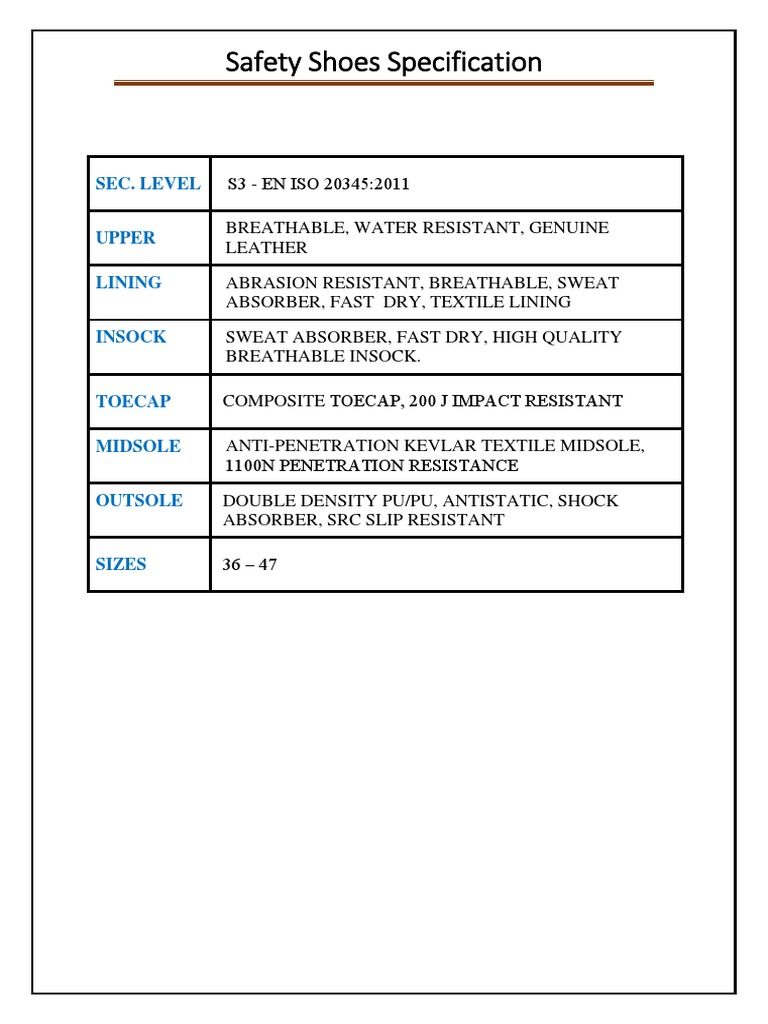Safety Shoes Specification PDF | PDF