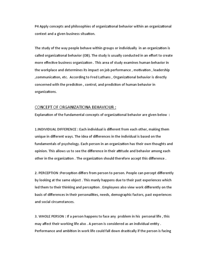 P4 Apply Concepts and Philosophies of Organizational Behavior Within An ...