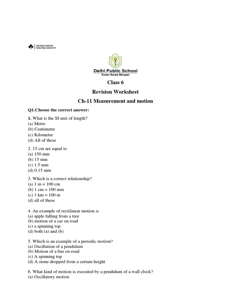 Class 6 Revision Worksheet Ch-11 Measurement and Motion: Q1.Choose The ...
