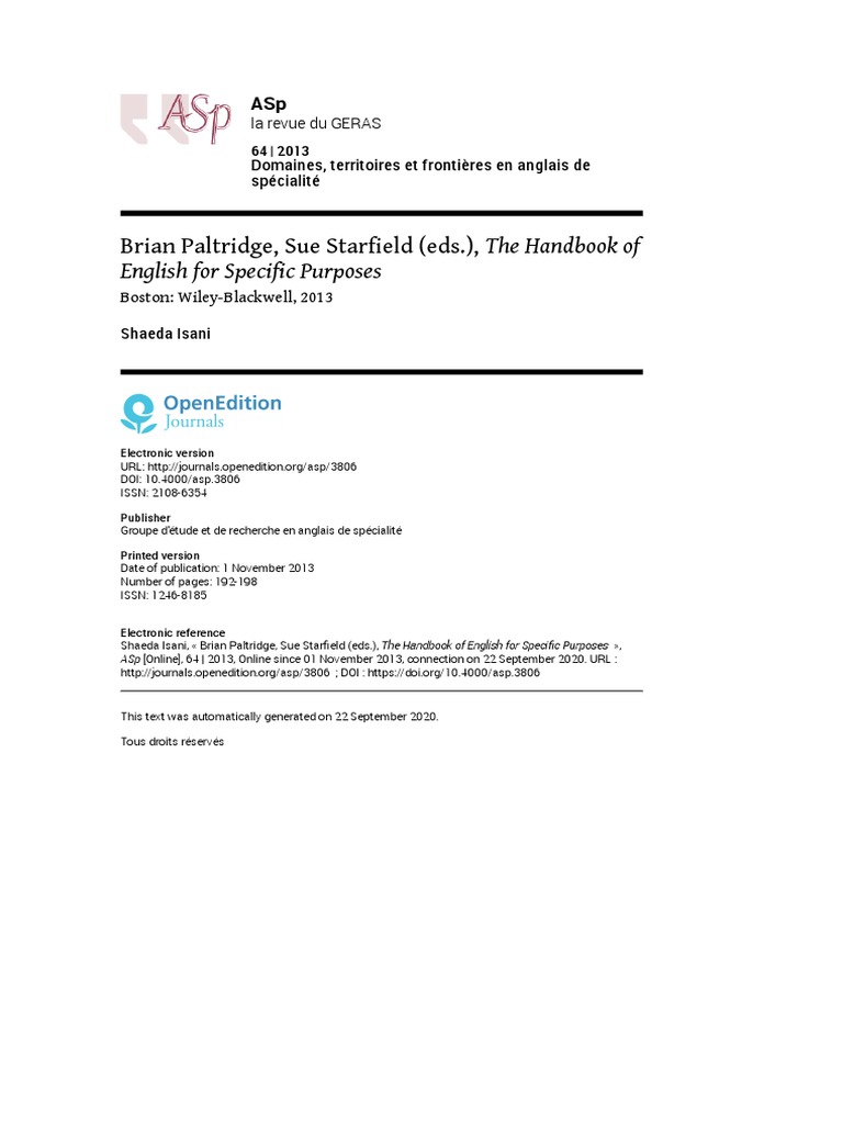 Brian Paltridge, Sue Starfield (Eds.), The Handbook Of: English For ...