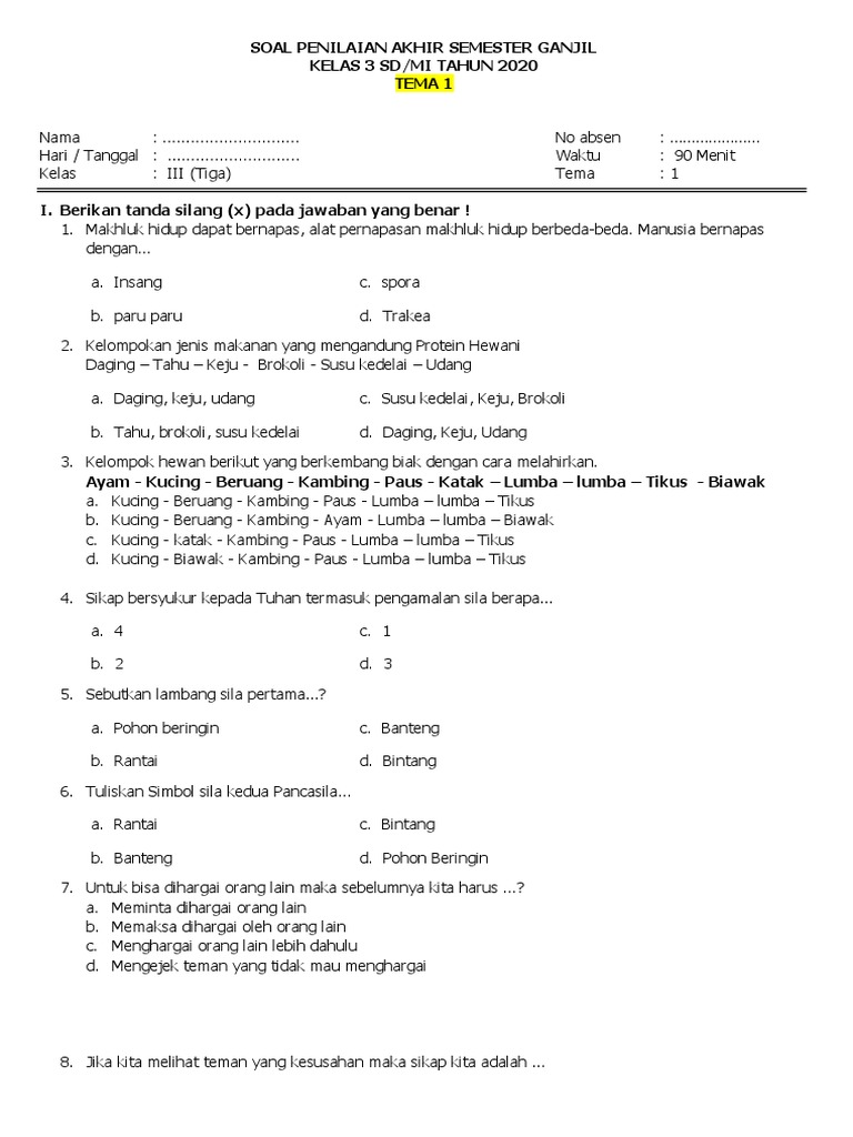Soal PAS Kelas 3 Tema 1 - Kamimadrasah | PDF