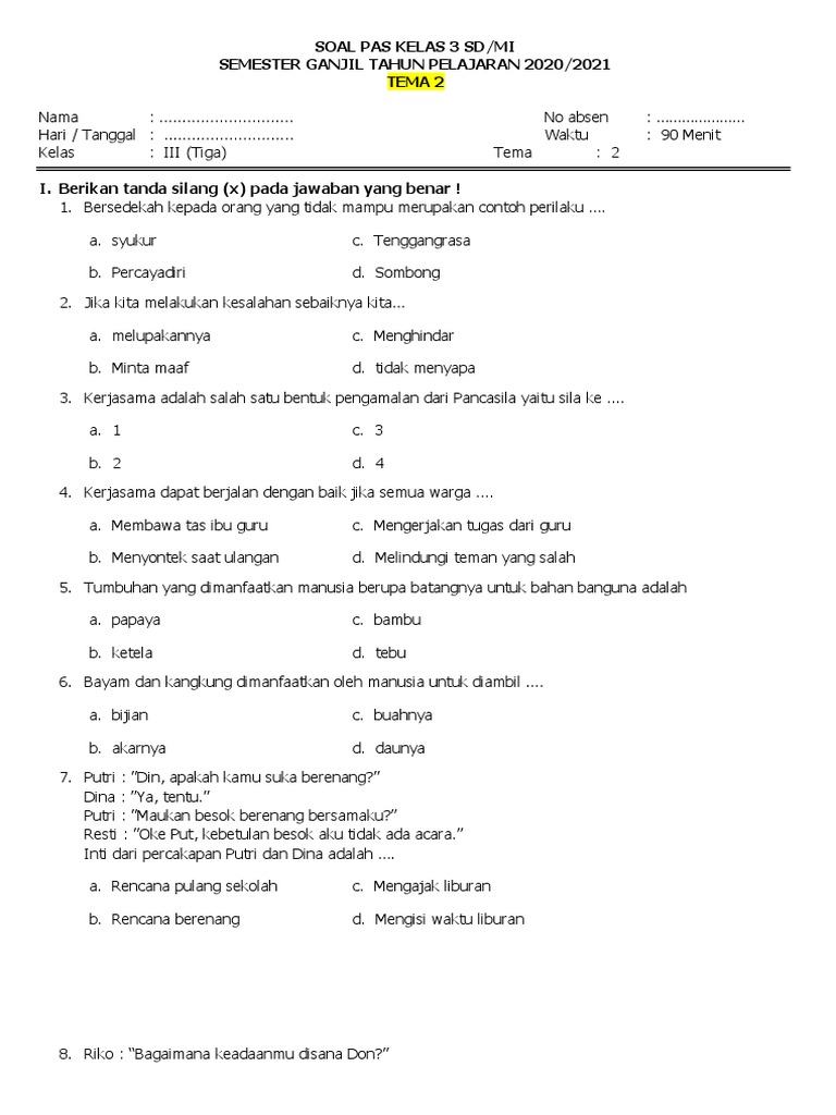 Soal PAS Kelas 3 Tema 2 - Kamimadrasah | PDF