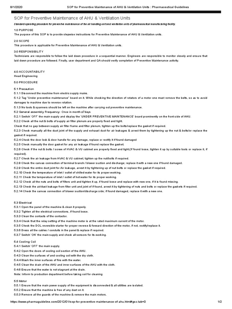 SOP For Preventive Maintenance of AHU & Ventilation Units | PDF | Duct ...