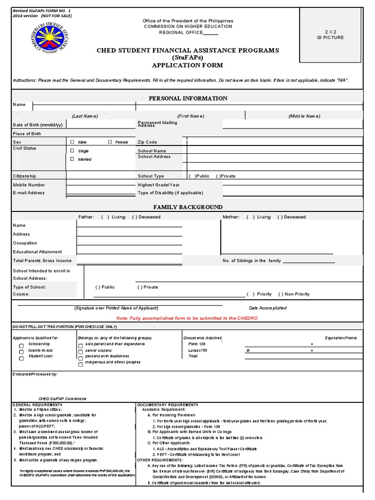 Ched Student Financial Assistance Programs (Stufaps) Application Form | PDF | Bachelor Of ...