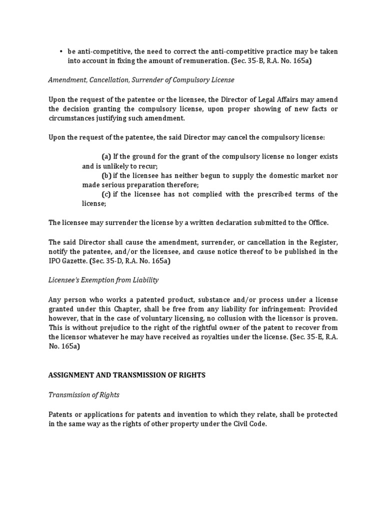 Amendment, Cancellation, Surrender of Compulsory License: Assignment ...