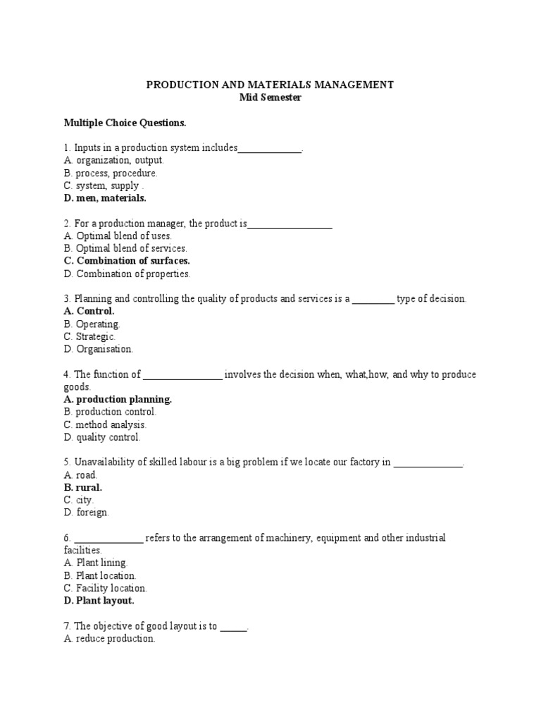 Production and Materials Management Mid Semester Multiple Choice ...