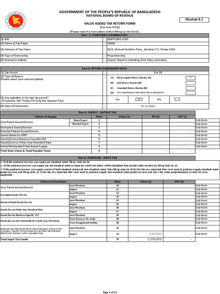 Government of The People'S Republic of Bangladesh: National Board of Revenue Mushak-9.1 Value ...