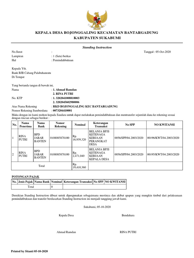Contoh Standing Instruction Bank BJB | PDF