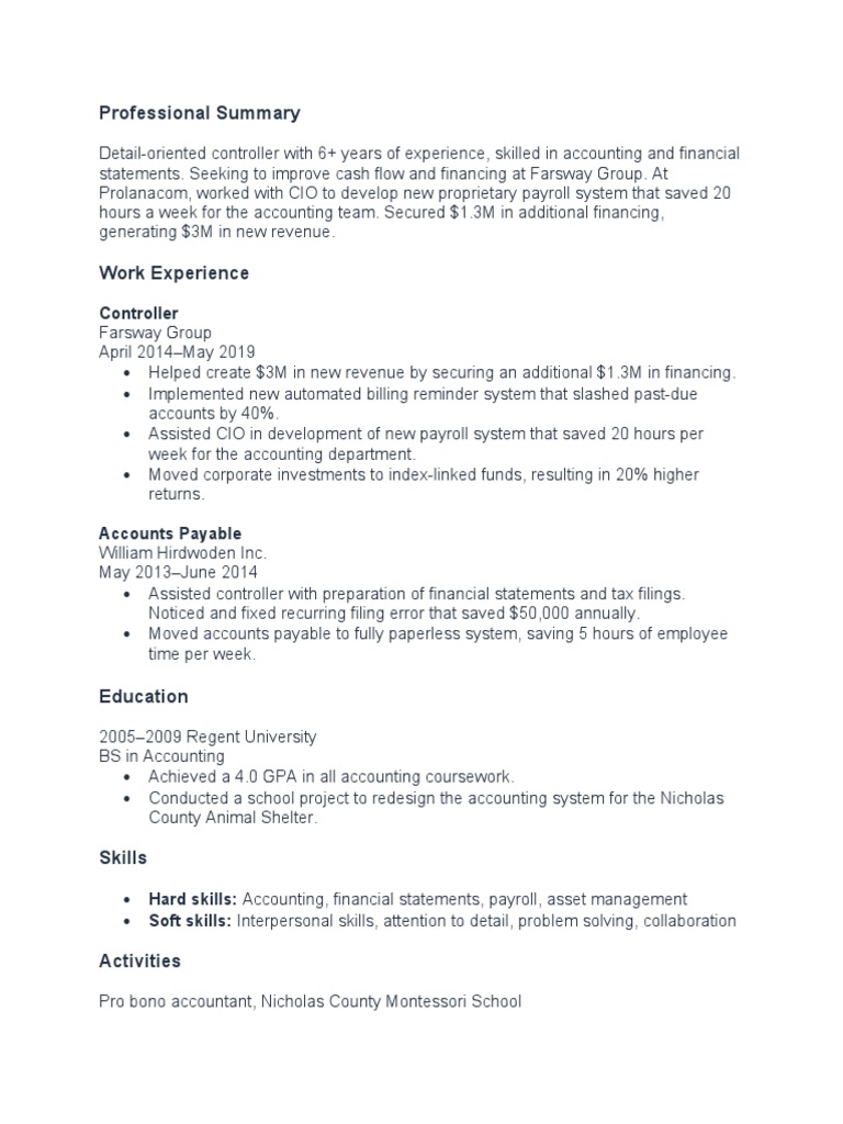 Professional Summary: Controller | PDF | Career & Growth