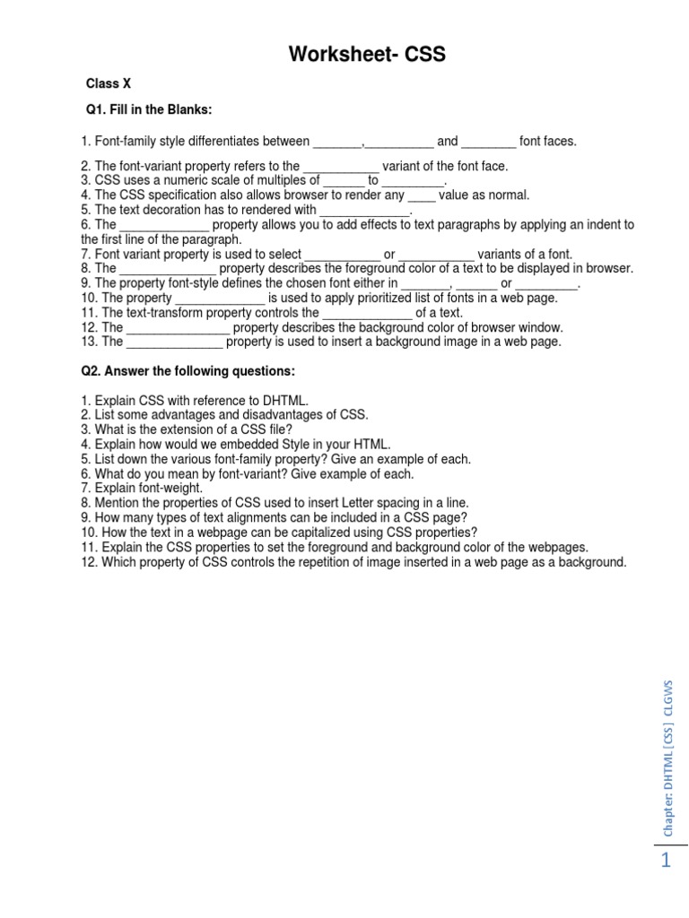 Worksheet-CSS: Class X Q1. Fill in The Blanks | PDF
