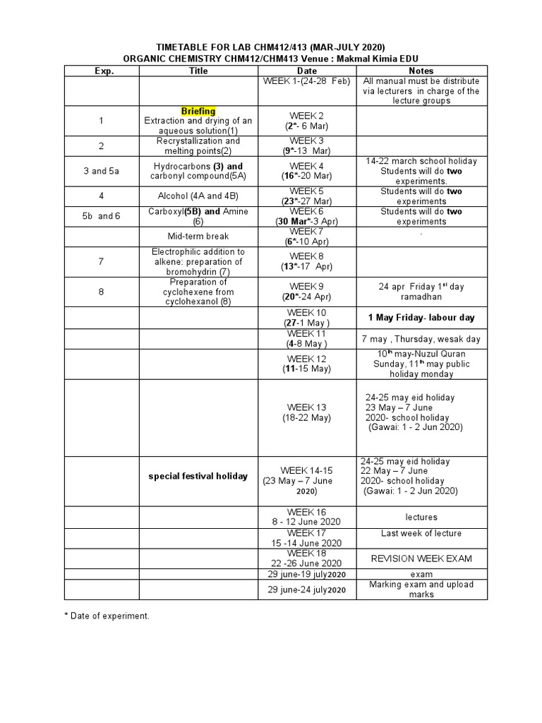 Timetable For Lab Chm412/413 (Mar-July 2020) ORGANIC CHEMISTRY CHM412 ...