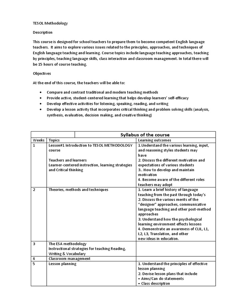 TESOL Methodology Syllabus | PDF | Language Education | Lesson Plan